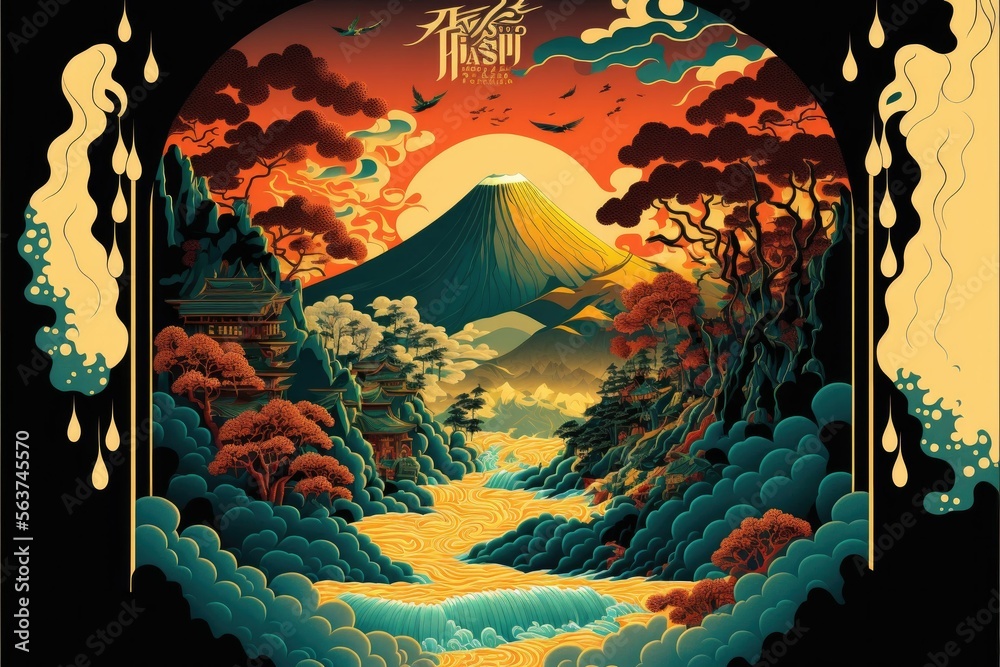 Fusion between Pop art deco and traditional Japanese ukiyo-e art, ai art 素材庫插圖 | Adobe Stock