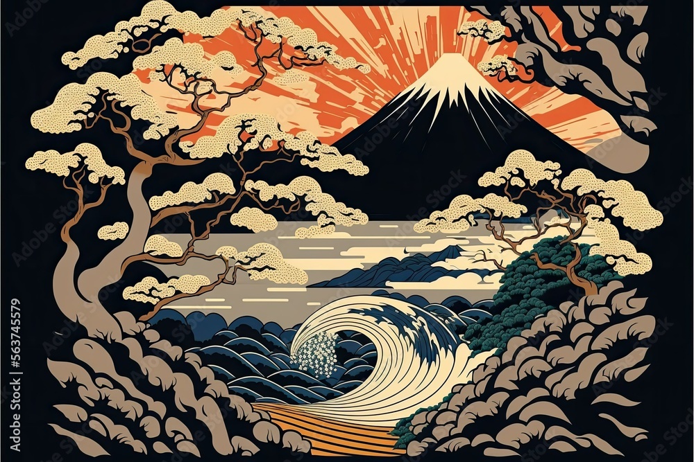 Fusion between Pop art deco and traditional Japanese ukiyo-e art, ai art Stock Illustration ...