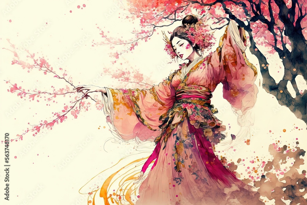chinese woman in traditional hanfu dancing under sakura cherry blossom ...