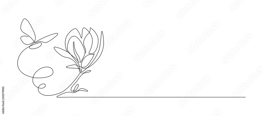 One continuous line drawing of butterfly with flower. Thin curl border ...