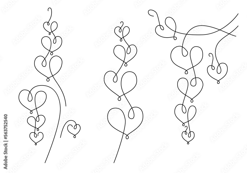 Vines with hearts silhouette isolated on white background. Abstract ...
