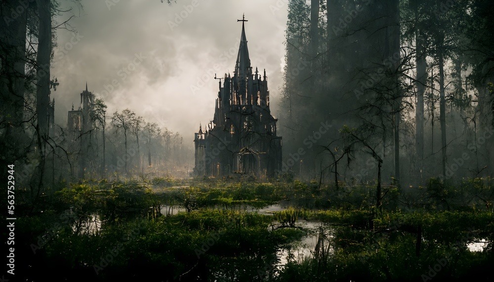 Ominous abandoned Gothic cathedral in the middle of a swamp surrounded ...