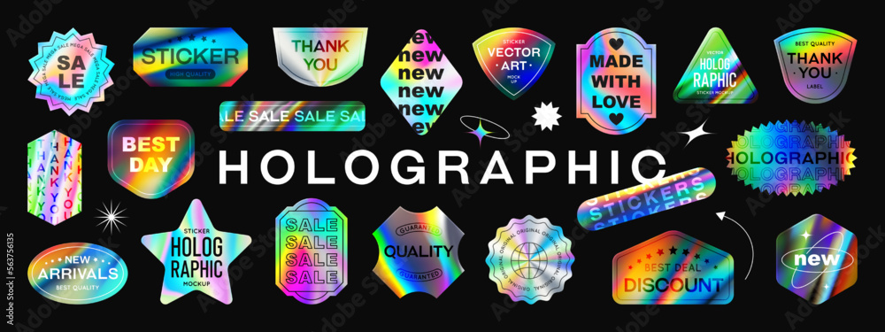 Holographic sticker set. Vector iridescent foil adhesive film ...
