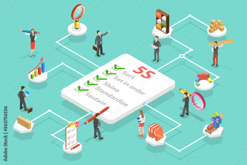 3D Isometric Flat Vector Conceptual Illustration of Workplace Organization 5S Methodology, Sort ...