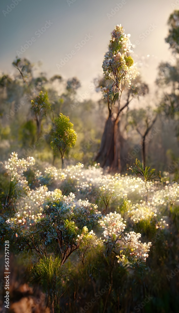 Small clearing surrounded by Australian bushland gum trees eucalyptus trees summer haze lush ...