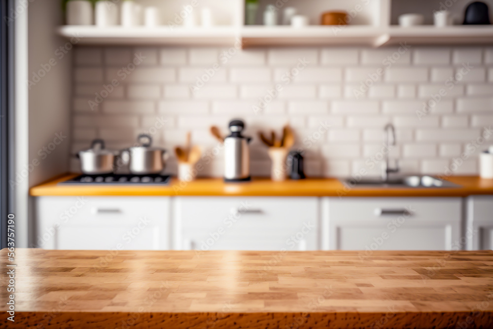 Mockup of kitchen counter with dishware in kitchen of empty white ...