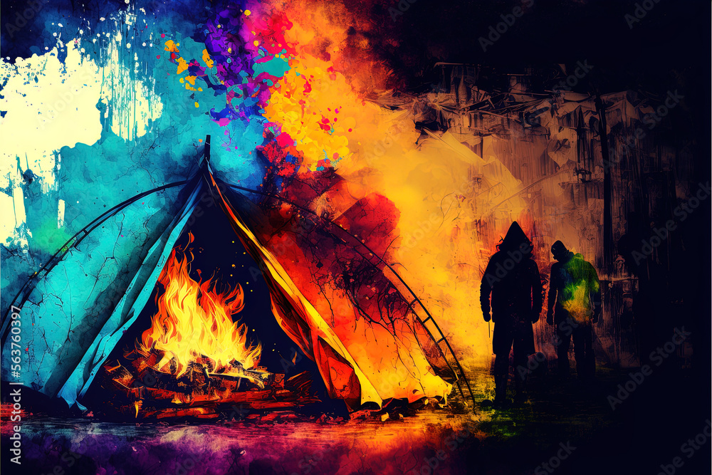 Streetlight Glow: A Bonfire in a Downtown Homeless Camp - Designed for ...