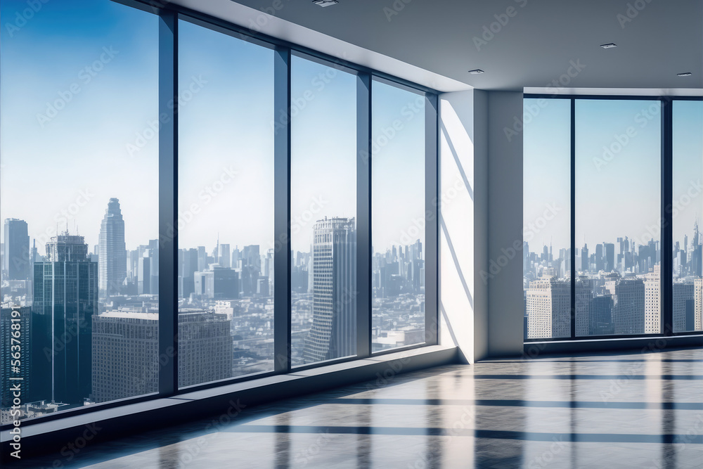 Empty modern office background in city center . Workspace interior ...