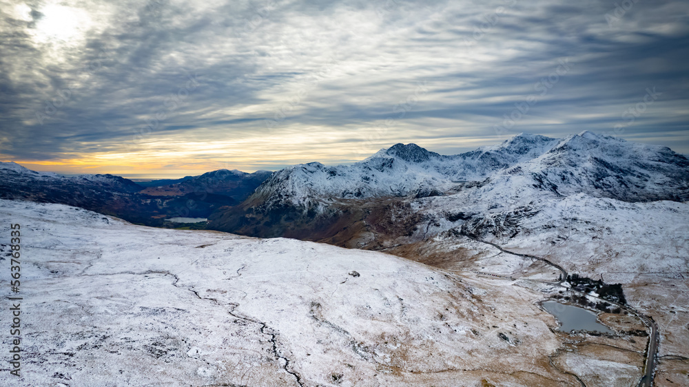 Snowdonia, Wales (UK), Winter 2023. Aerial landscapes of snow and ...
