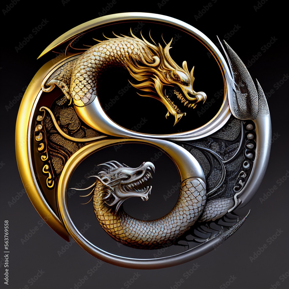 Oriental Dragon swallowing its tail in a Gold / Silver Yin-Yang symbol ...