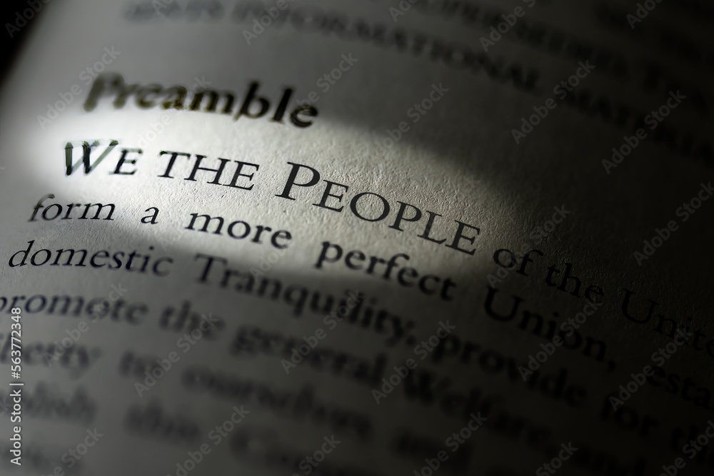 Poster The Preamble of the US constitution in textbook highlighting We ...