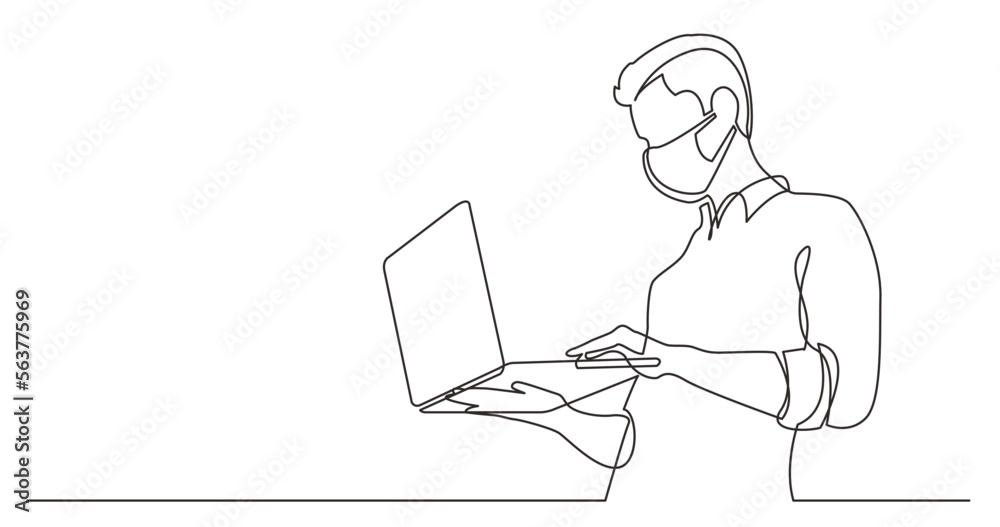 continuous line man standing man watching laptop computer wearing face ... continuous line man standing man watching laptop computer wearing face ...