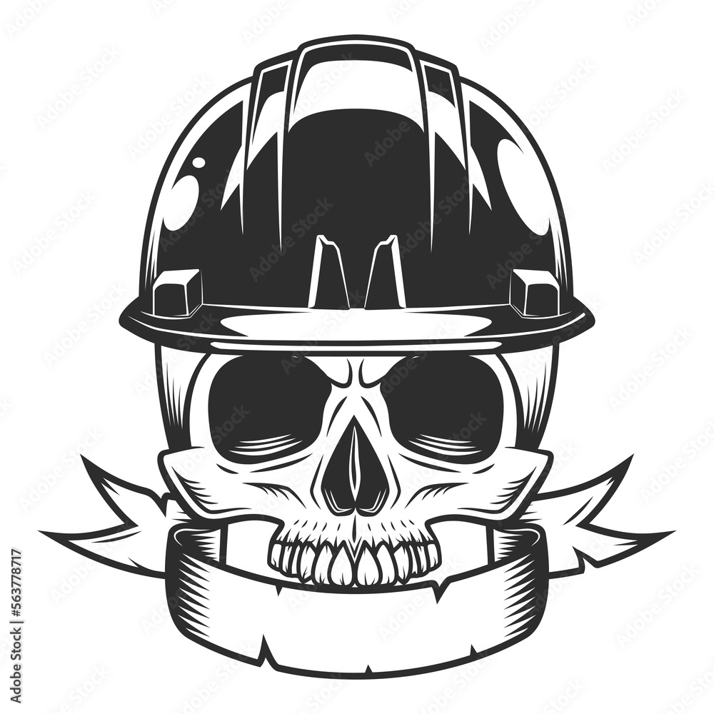 Builder skull in hard hat with ribbon from business new construction ...