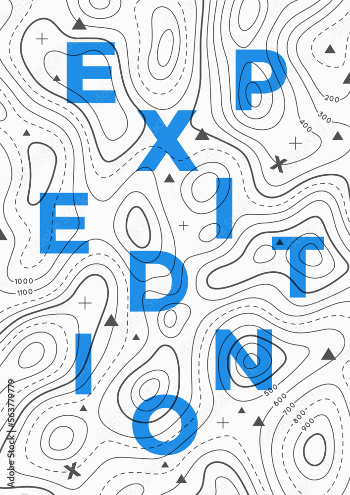 Travel poster of topographic line map with word Expedition. Vector line ...