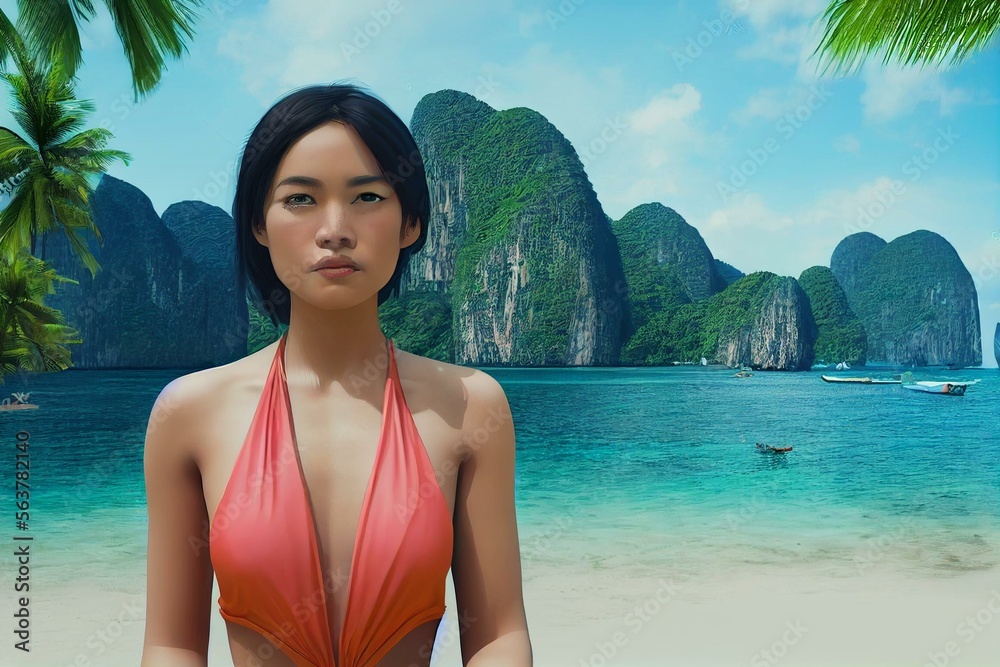 fictional young asian woman in bikini on the beach, mountains of the island koh phi phi in the ...