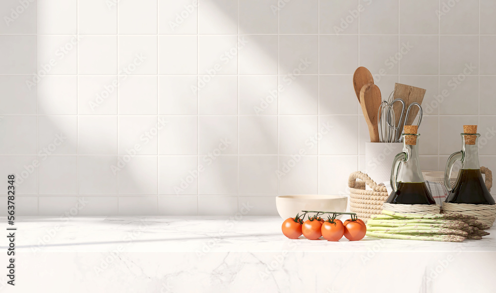 Clean, minimal white marble kitchen countertop with cooking ingredients ...