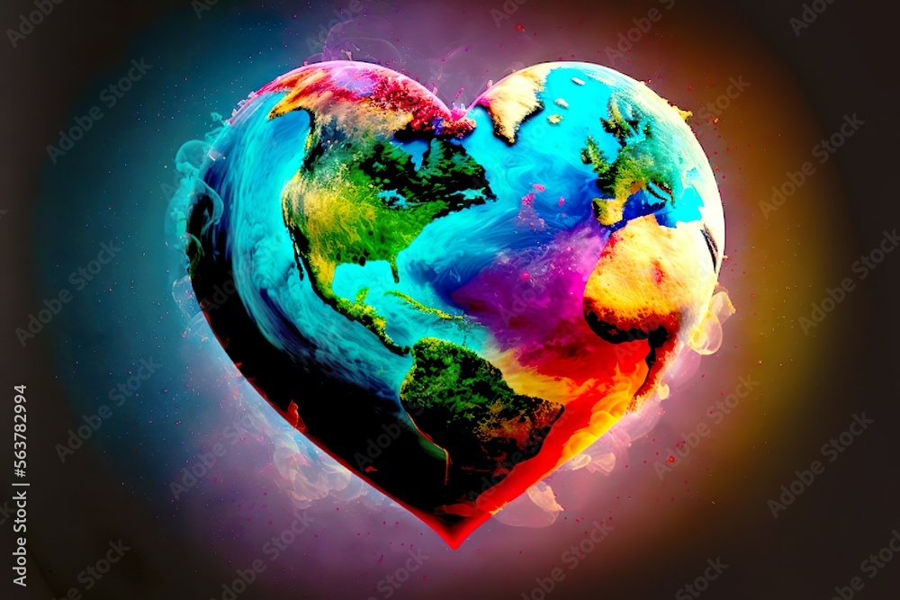 Colorful planet earth with heart shape dark background created with ...