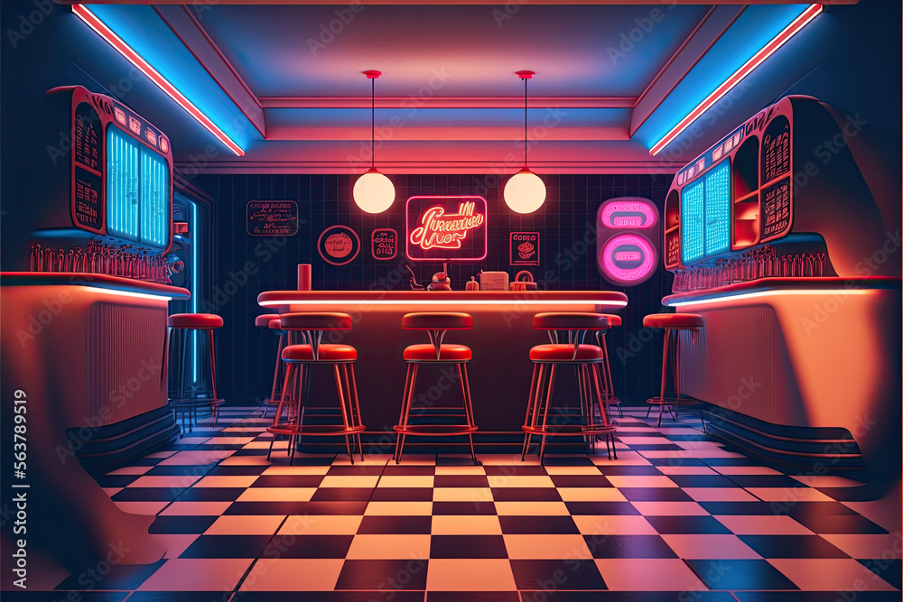 Retro diner interior with a tile floor, neon illumination, jukebox and ...