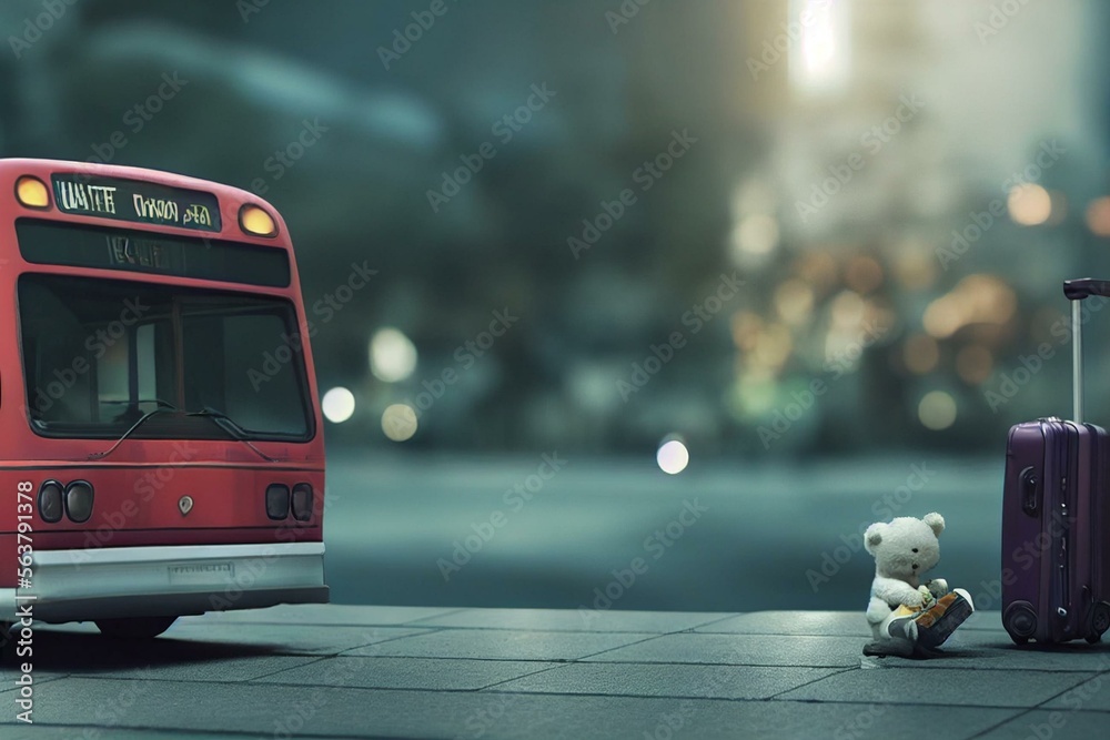 To Late for Departed Bus / Little teddy bear tourist at city sit on his ...