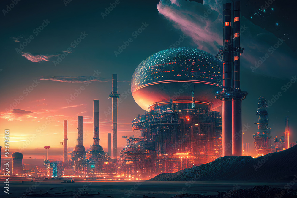 Nuclear power plants supplying power to the imaginary super-future city ...