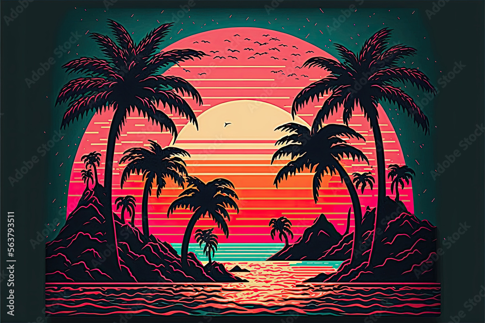Synthase sunset, landscape with palm trees, 80's retro synthase color ...