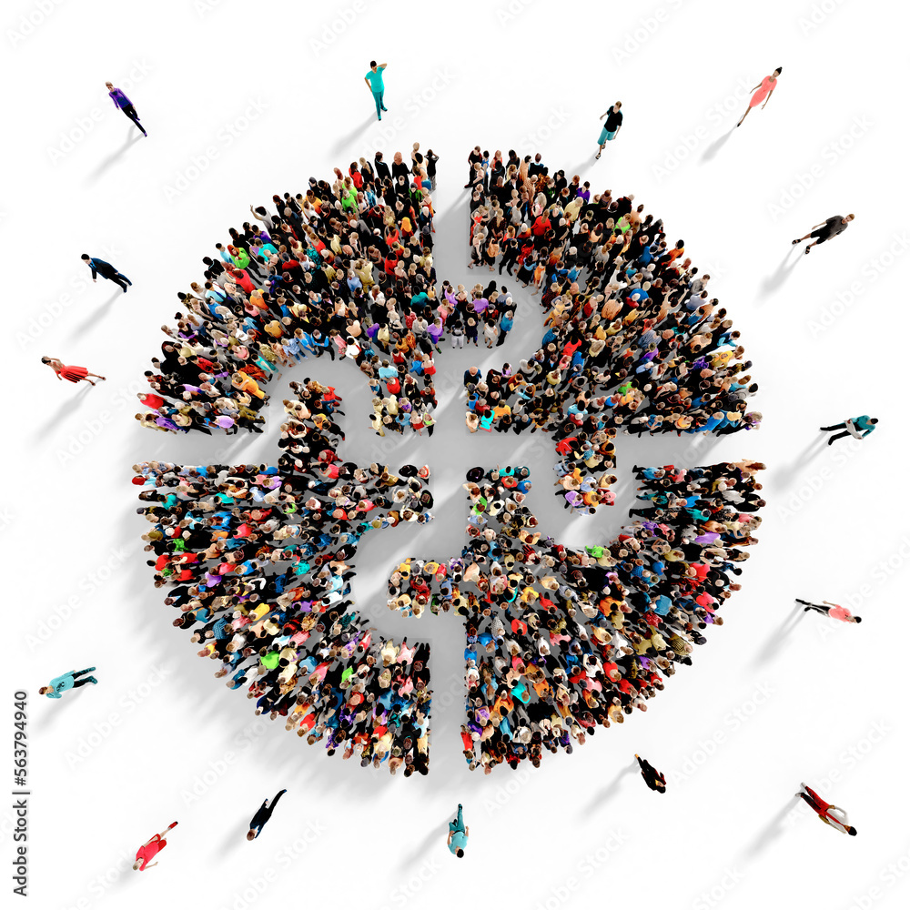 Crowd of diverse people gathered together in the shape of a circle made ...