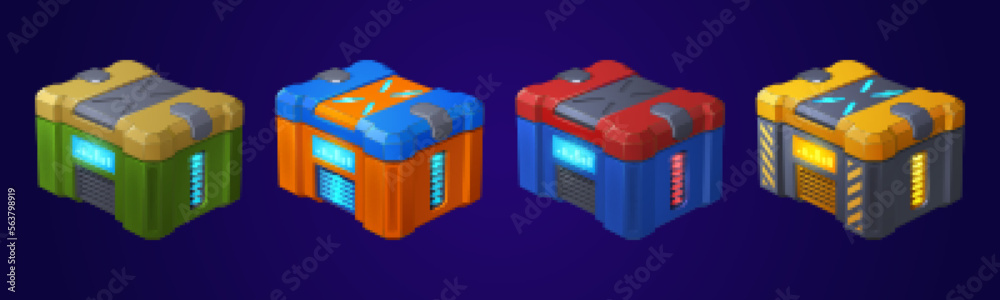 Game futuristic boxes, future technology chests. Icons of sci-fi ...