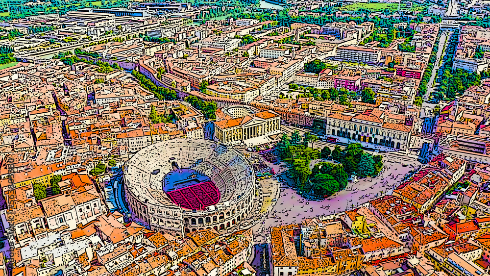 Verona, Italy. Flying over the historic city center. Arena di Verona ...
