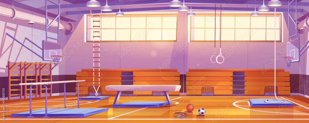 School Gymnasium With Sport Equipment Basketball And Soccer Balls Baskets On Walls Bars