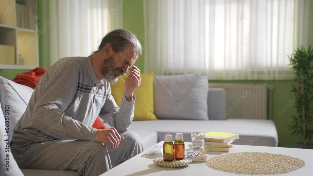 Sick Elderly man holding medical medicine bottle and coughing. Elderly ...