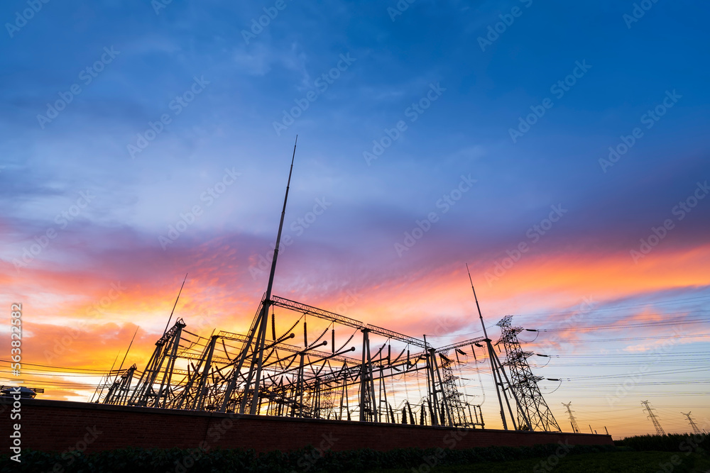 Substation in the evening, High voltage substation and beautiful sunset ...