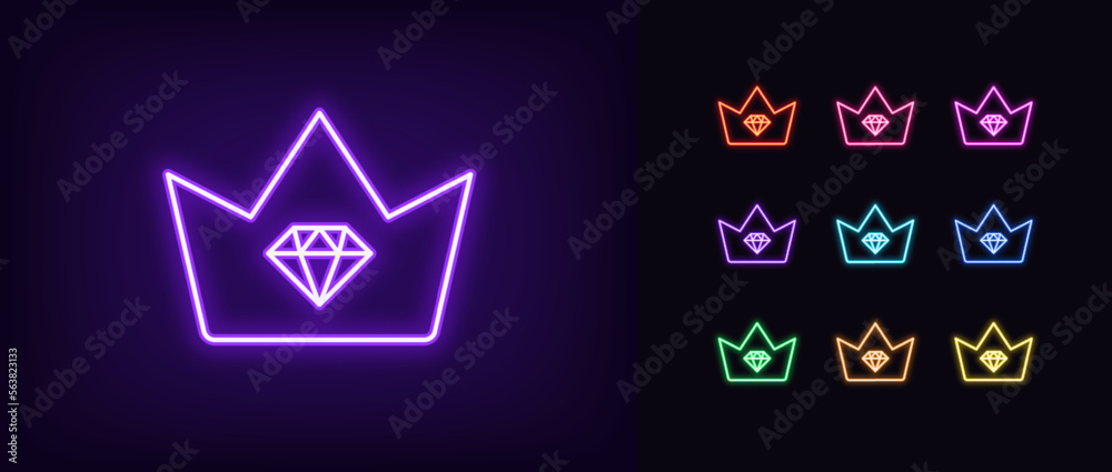 Outline neon royal crown icon set. Glowing neon crown frame with ...