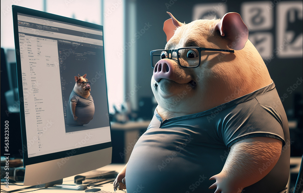 A fat pig is sitting at the office table in front of a computer ...