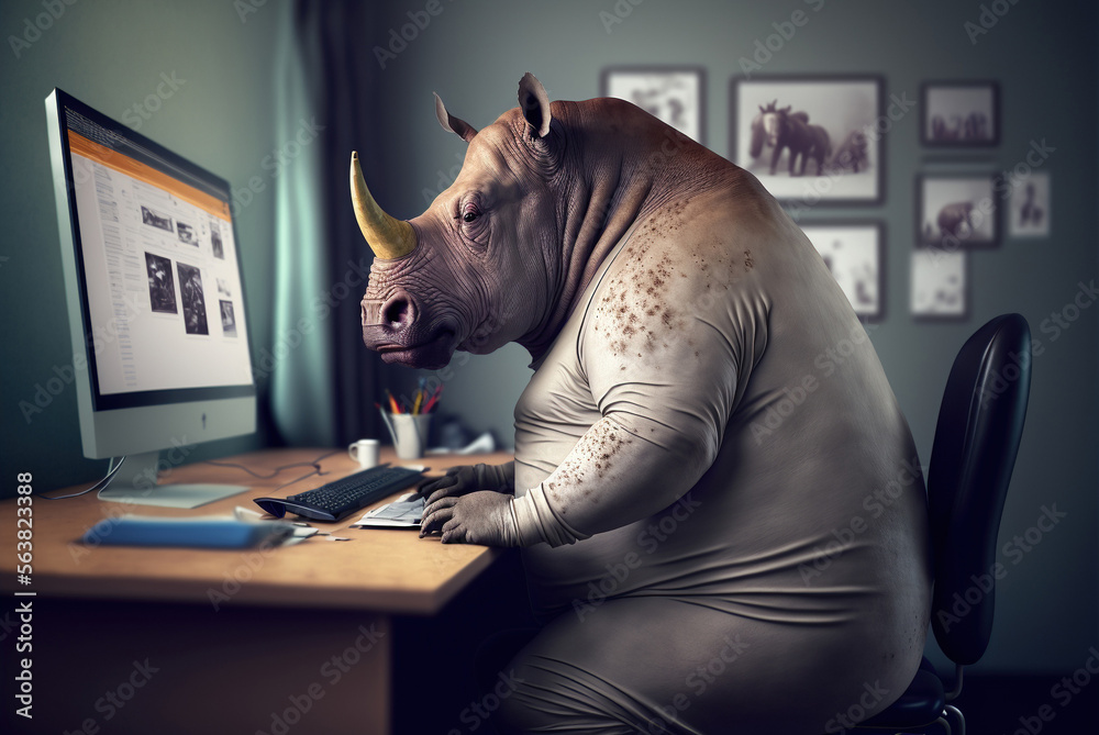 A fat Rhinoceros is sitting at the office table in front of a computer ...