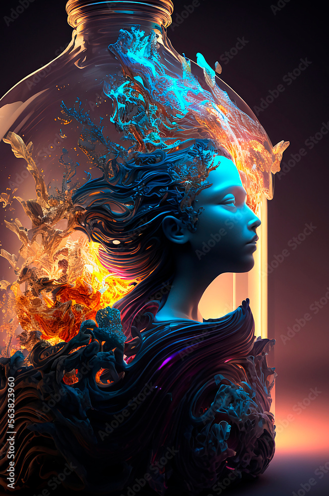 magical vial with blue glowing liquid and face profile on dark ...