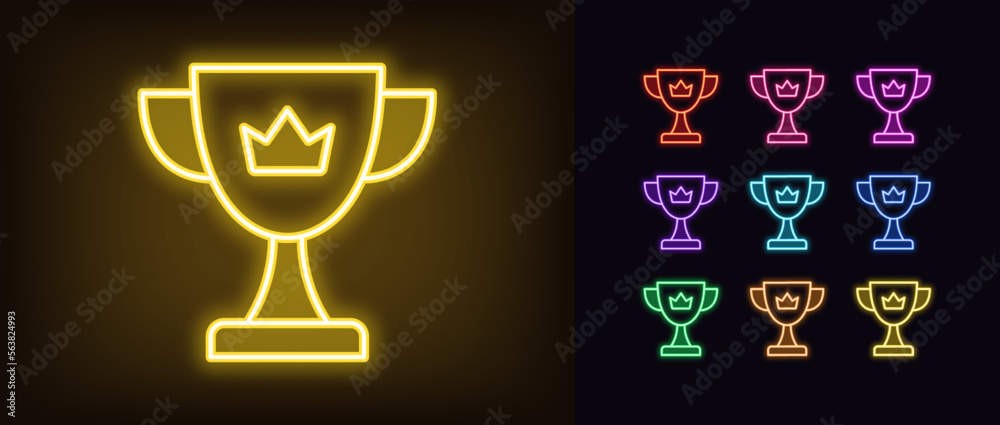 Outline neon reward cup icon set. Glowing neon royal golden cup with ...