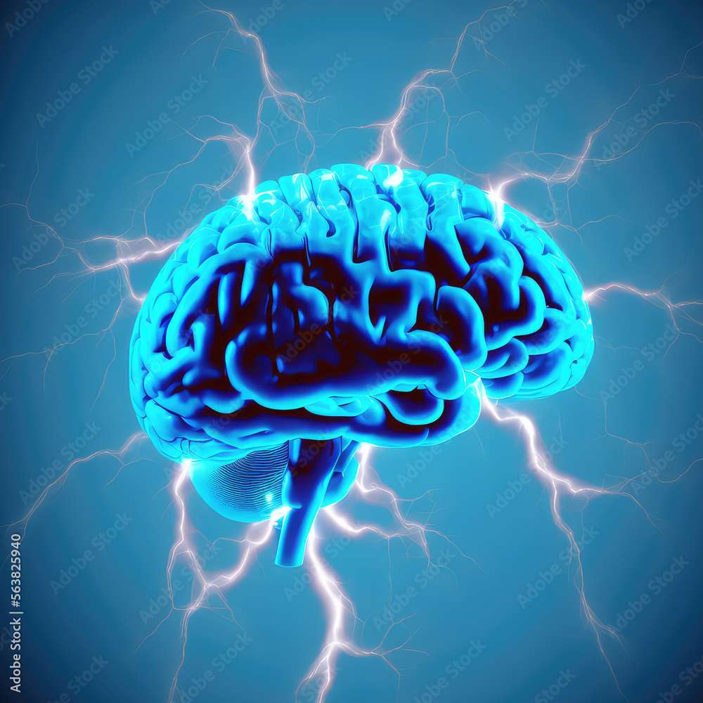 Human brain digital illustration. Electrical activity, flashes and ...