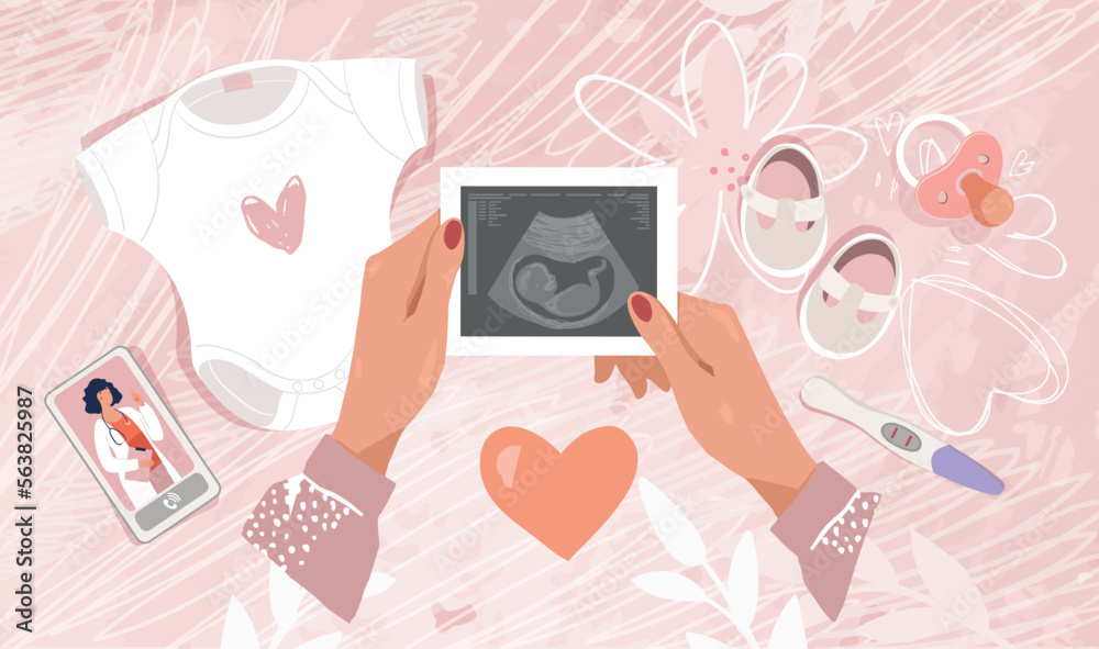 Modern pregnancy banner, female hands holding a baby ultrasound, a call ...