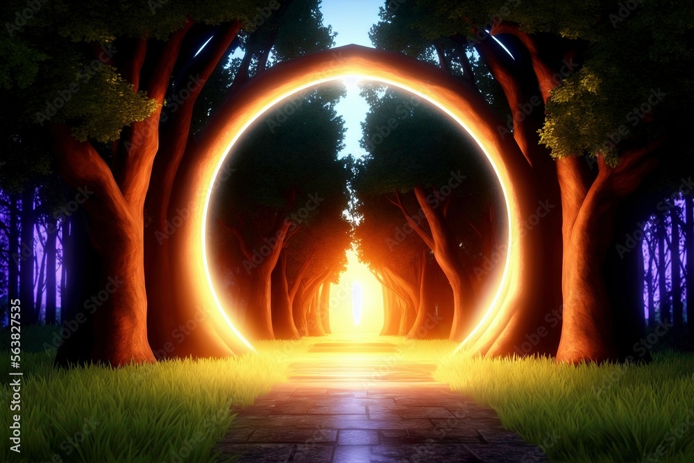 Beautiful open glowing portal between two trees into another world ...