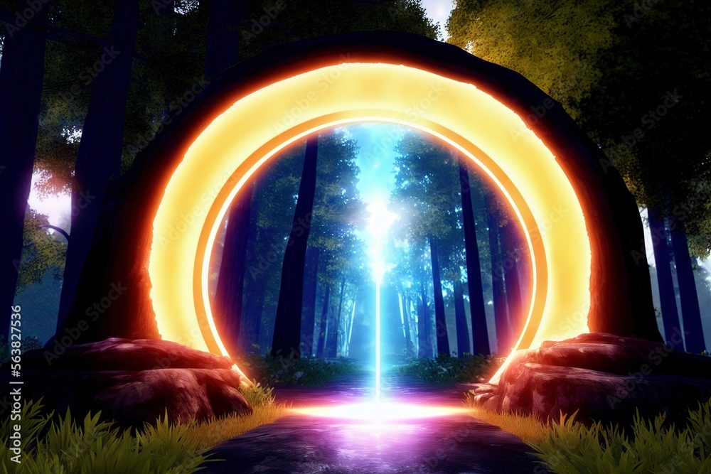 Beautiful open glowing portal between two trees into another world ...