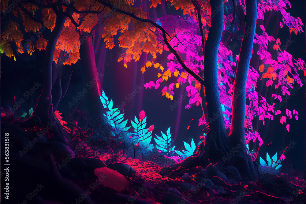 Forest where trees are made of neon lights and leaves rustle with sound ...