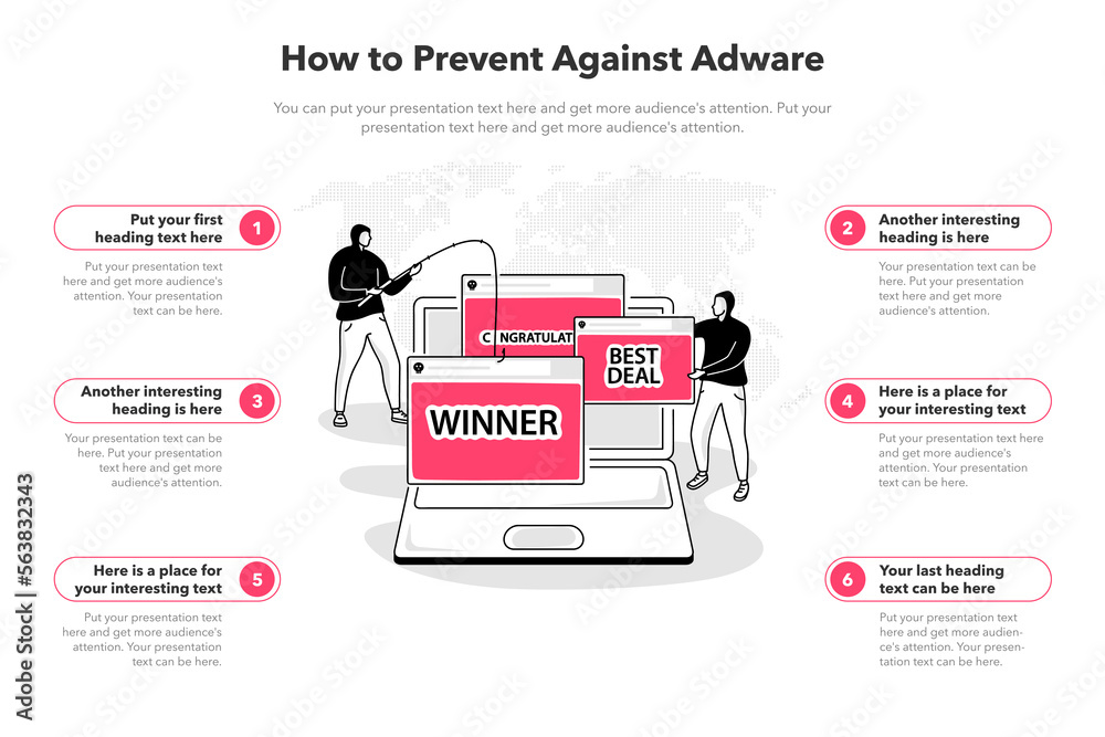 Simple infographic template for how to prevent against adware. 6 stages ...