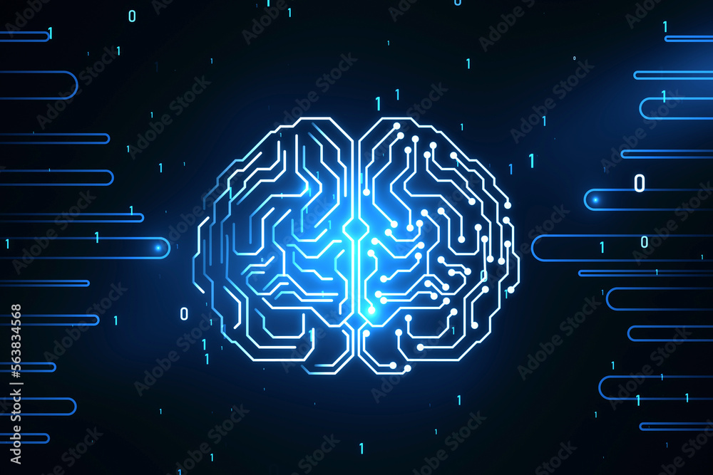 Glowing circuit human brain hologram on blurry background with coding ...