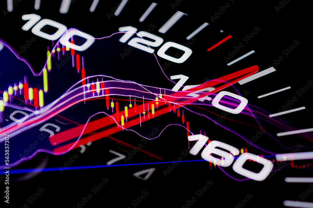Business concept.Data analyzing trading market.Speedometer with ...