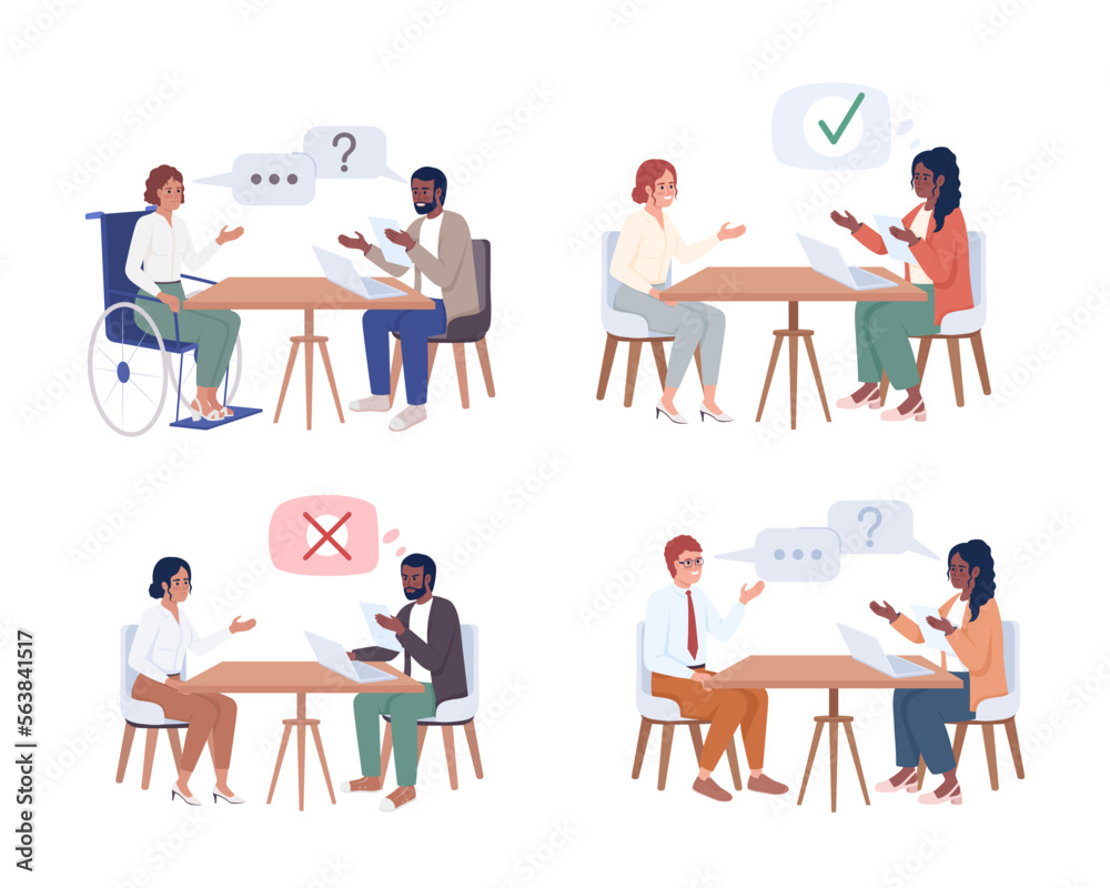 Vetor de Headhunters asking questions on interview semi flat color ...