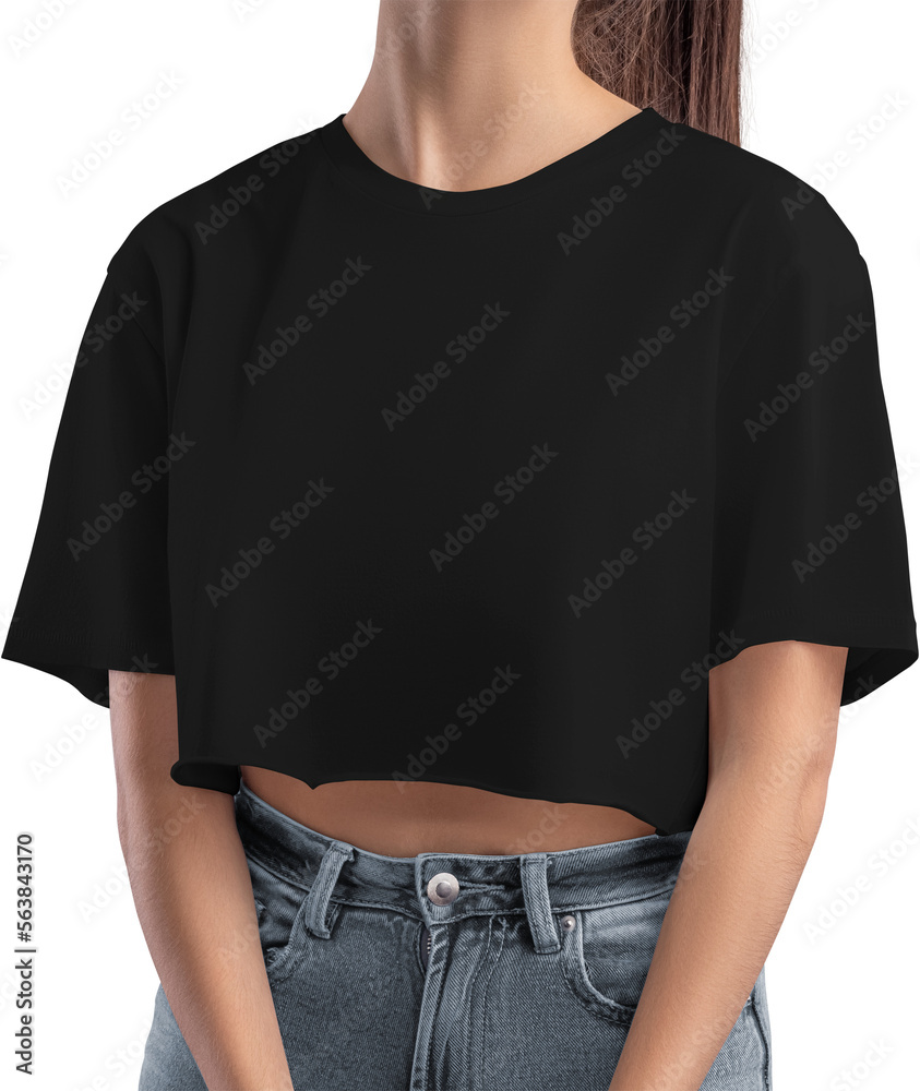 Mockup of a black crop top on a girl's body, png, canvas bella, front ...