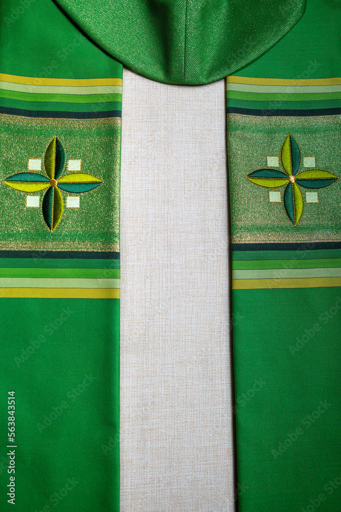 Green liturgical stole of a catholic priest with two crosses Stock ...