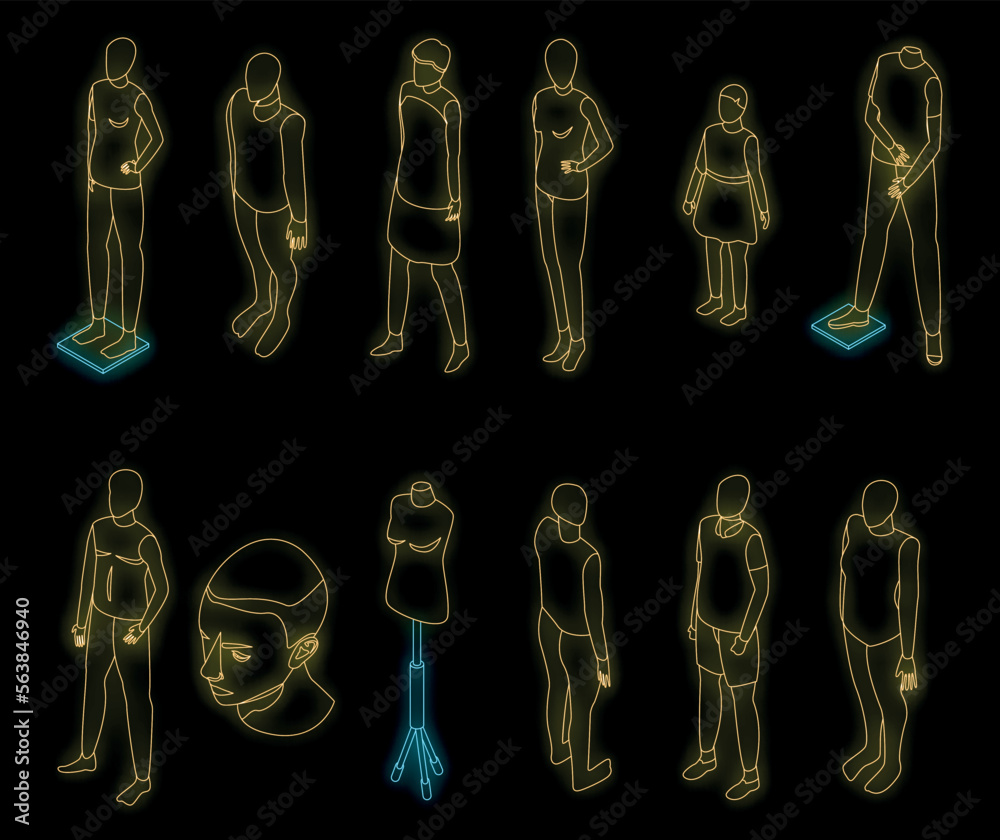 Mannequin icons set. Isometric set of mannequin vector icons neon color ...