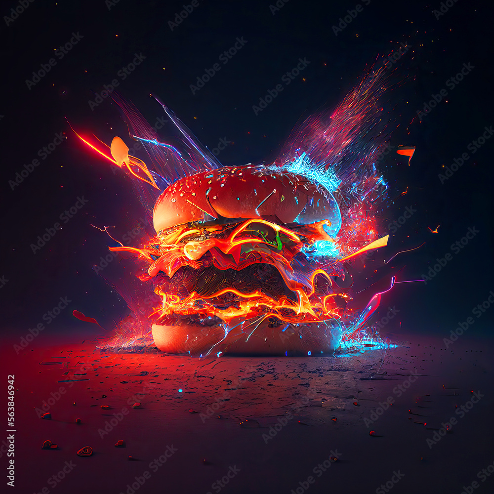 Cheeseburger dynamic view in neon disco lights and lightnings ...