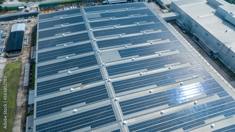Top view Solar Cell on Warehouse Factory. Solar photo voltaic panels ...